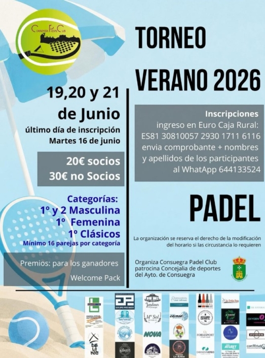 PADEL. Torneo de Verano Consuegra 2026. MASCULINO Y FEMENINO ...